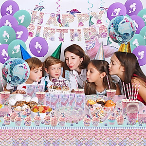 192pcs Mermaid Birthday Party Decorations, Happy Birthday Little Mermaid Theme Party Supplies Including Balloons Banner Tablecloth Plates Cups Napkins Cake Topper Gift Bag for Girls Kids Serve 20