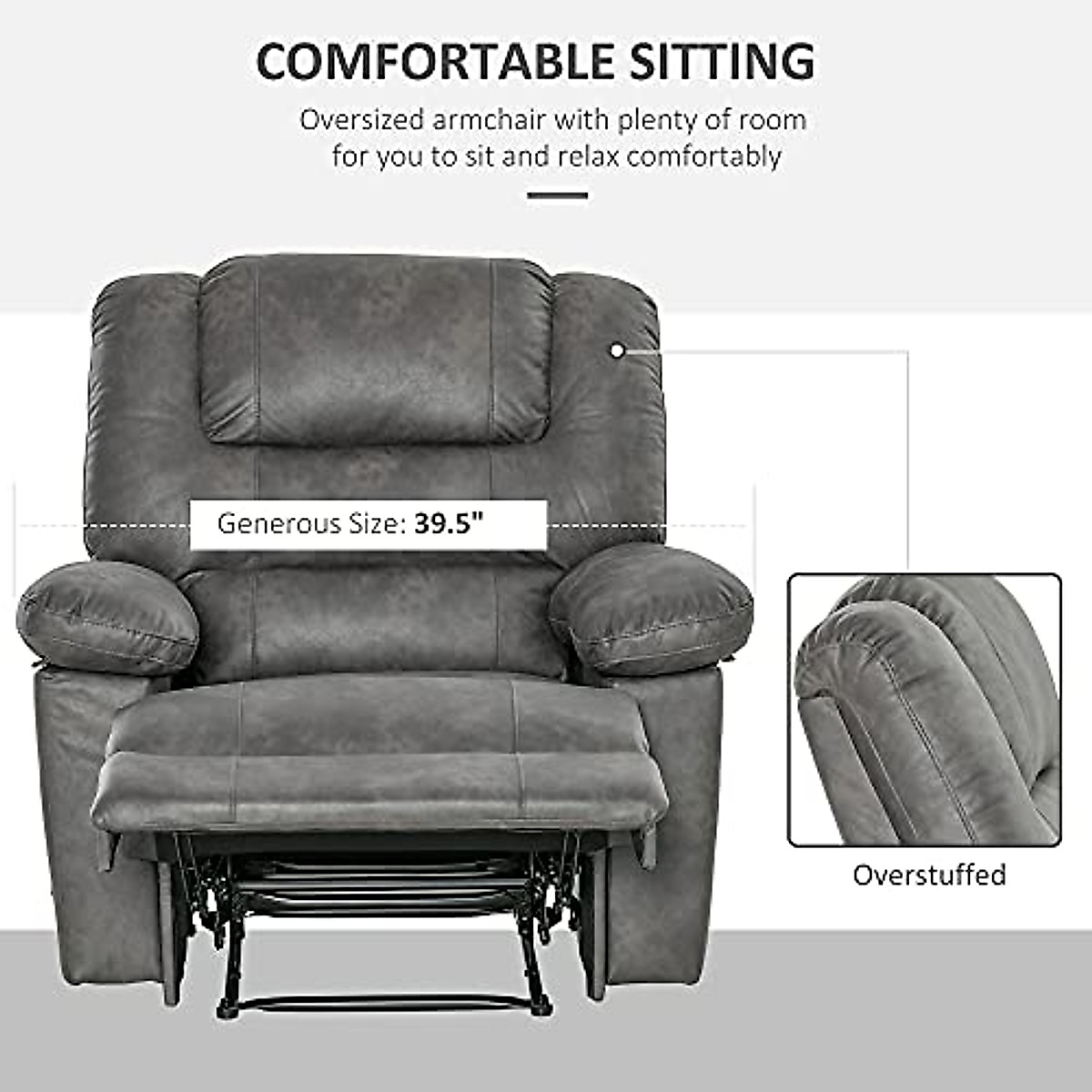 HOMCOM Manual Recliner Chair Overstuffed Single Sofa with Wide Cushioned Seat, Flip-Up Storage Armrests, 2 Cup Holders and Oversized Headrest, Grey