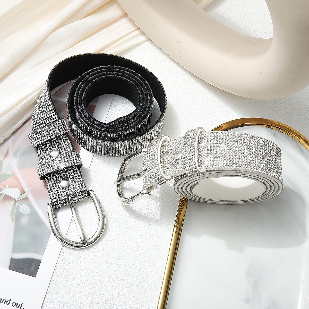 WELROG Rhinestone Belt for Women，Bling Crystal Vintage Belts Shiny Soft for Party Jeans Dresses(white-115)