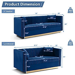 mikibama Luxury Velvet Sofa Set for Living Room, Modern Decor Furniture Channel Sofa Couch and Loveseat with Nailhead Gold Metal Legs and 4 Pillows for Bedroom, Hall, Blue