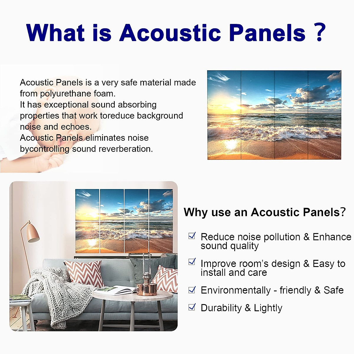 Evenreach Art Acoustic Panels, 48"X32" Self-adhesive Sound Proof Panels For walls, 8 Pack Decorative Sound Absorbing Panels for Home Office (Beach)