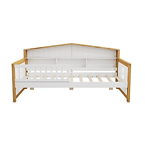 Wooden House Shape Daybed with Two Drawers and Bookcase Headboard,for Kids Girls Boys Teen Bedroom Use (Walnut/White@Drawers/, Twin)