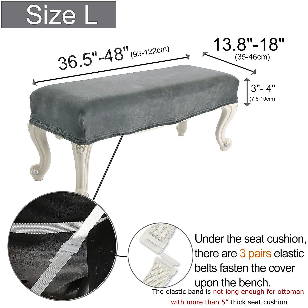 SINOSSO Soft Velvet Shoe Bench Cover, (36.5"- 48") L x (13.8"- 18") W Stretch Washable Dining Bench Upholstered Protector Rectangle Chair Slipcover, (L, Dark Grey)