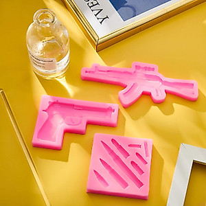 2 Pieces Gun Silicone Molds Pistol Machine Gun Mold and 1 Piece Mini Sizes Bullet Silicone Molds Mini Bullet Silicone Casting Mold for Cake Decoration Fondant Cake Decor Tools, Pink