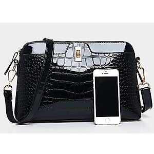 Women PU Patent Leather Alligator Stripe Handbag Clutch Shoulder Bag Cross Body Bag Clutch Handbag Shell Bag(Black)