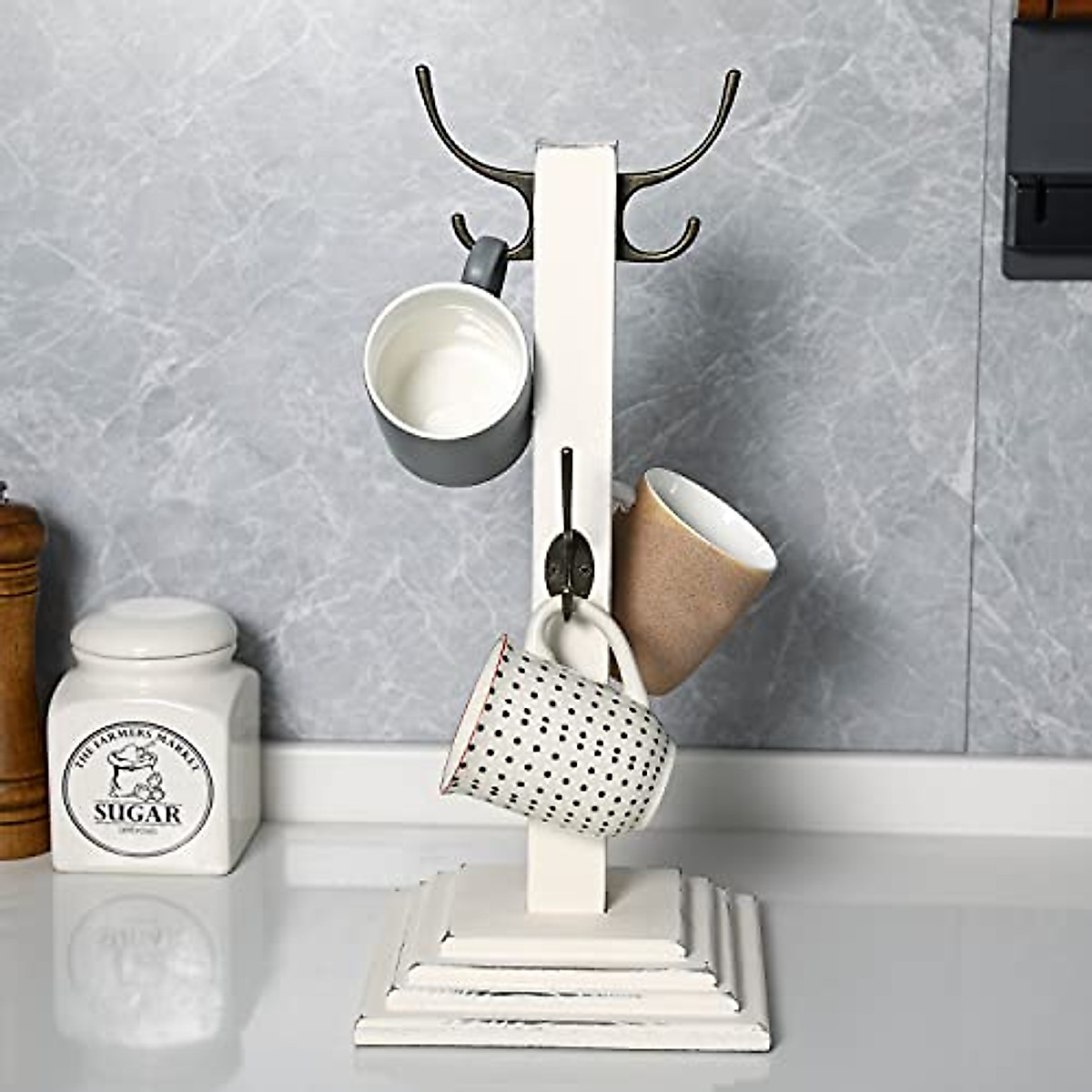 MyGift Vintage White Wood Tabletop Coffee Mug Holder Hanging Tree Rack with 4 Antique Brass Tone Double Hooks