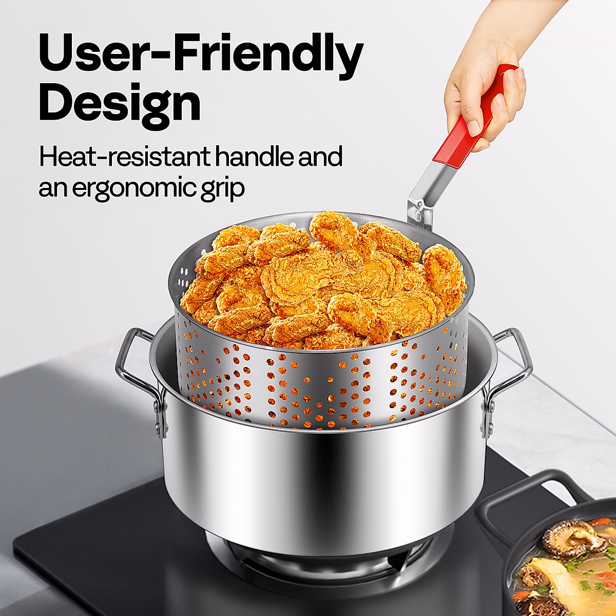 VIVOHOME 10Qt Aluminum Fish Fryer Pot with 6.7Qt Basket, Deep Fryer with Easy Grip Handle for Cooking Chicken Wings, Seafood, French Fries