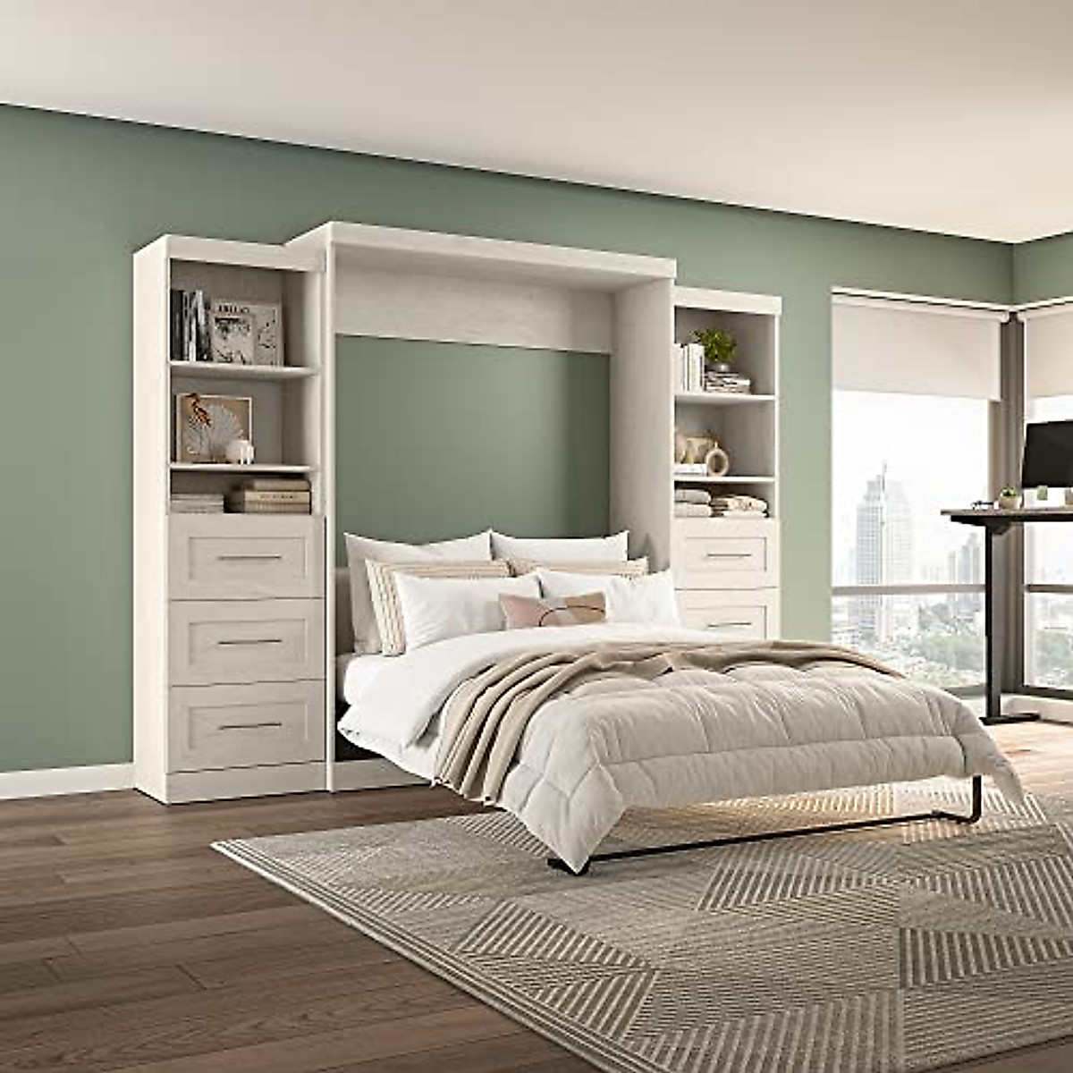 Bestar Pur Queen Murphy Bed and 2 Shelving Units with Drawers, 115-inch Space-Saving Sleeping Arrangement in Linen White Oak