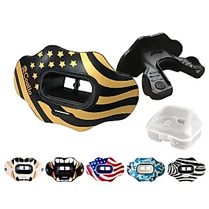 COOLLO SPORTS Lip Guard Mouthguard MAXX/Might Football and High Impact Sports Lip Protector for Adults & Youth (Strap Included) (American Flag -Gold -(One Layer), with Case (Adult 8+))