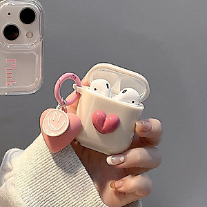Compatible with AirPods Case Cute Kawaii Airpod Case 1st/2nd Generation Pink Heart Design Soft Silicone Cute Airpod Cases Cover with Kawaii Heart Keychain for Girls Women (AirPods 1&2 Case)