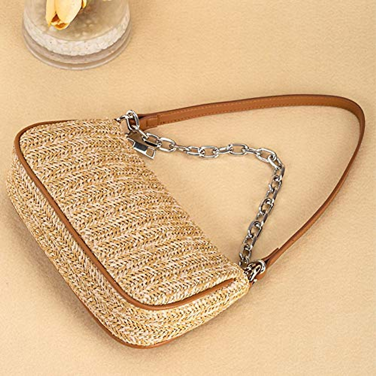 GL-Turelifes Small Straw Bags Summer Beach Bag Casual Clutch Shoulder Tote HandBag with Zipper Closure for Women (Brown B)