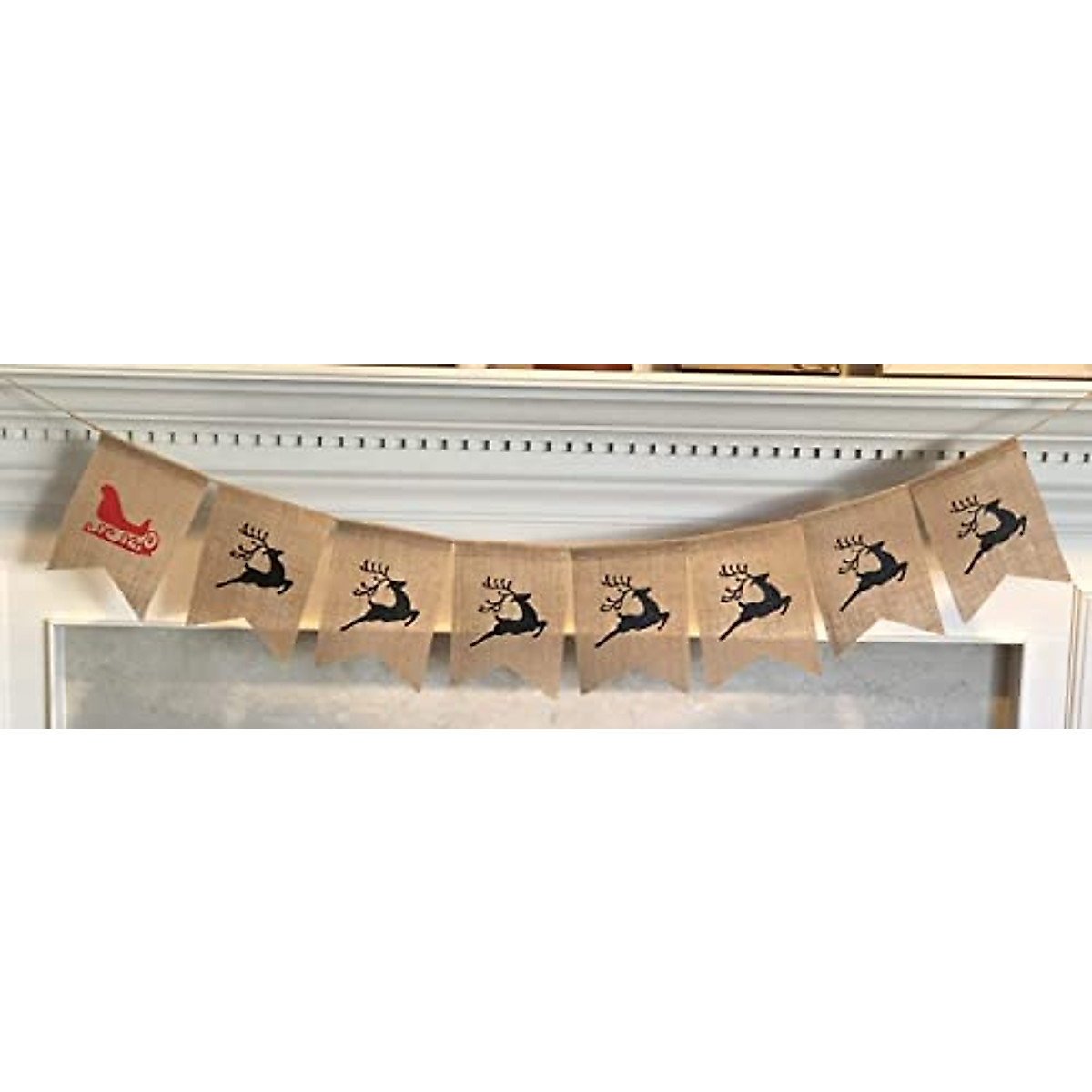 Santa's Sleigh & 7 Reindeer Burlap Banner - Ready to Hang Holiday Decor - Festive Christmas Seasonal Winter Decoration - Santa Sleigh Xmas Party Decorations - Santas Sleigh Garland by Jolly Jon
