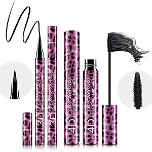 Benuomi 4D Silk Fiber Lash Mascara Long Lasting Waterproof Mascara Thickening Lengthening Mascara 2pcs/Set Mascara and Eyeliner Set Durable Waterproof Eyeliner Liquid Eyeliner Pencil Eyes Makeup Kit (2 IN 1-A)