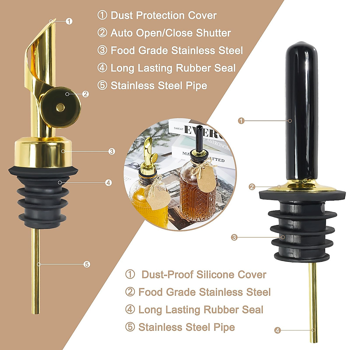 Coffee Syrup Dispenser Bottles Set 4 Pcs, 7oz/200ml Coffee Bar Accessories with Metal Pour Spout, Simple Syrup Bottles for Coffee Syrups, Honey, Condiments, Olive Oil, with Label, Funnel, Cork, Brush