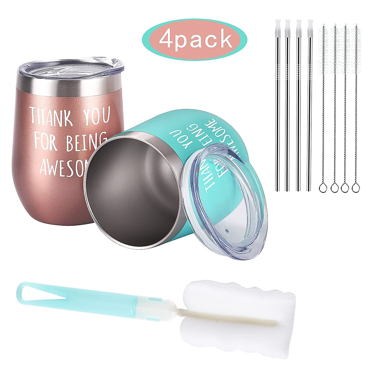 Gtmileo Thank You Gifts, 4 Pack Thank You For Being Awesome Stainless Steel Insulated Wine Tumbler, Christmas Birthday Appreciation Gifts for Women Coworker Teacher Employee Friends(12oz, Multi Color)