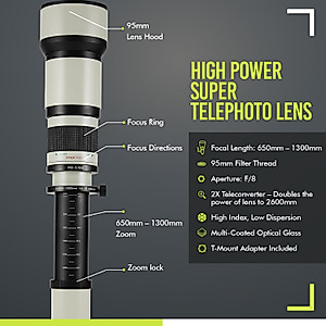 High-Power 650-2600mm f/8 Manual Telephoto Lens for Canon EOS 80D, 90D, Rebel T3i, T5, T6i, T7, T8i, SL3, 60D, 70D, 5D, 6D II, 7D II SLR Cameras - White