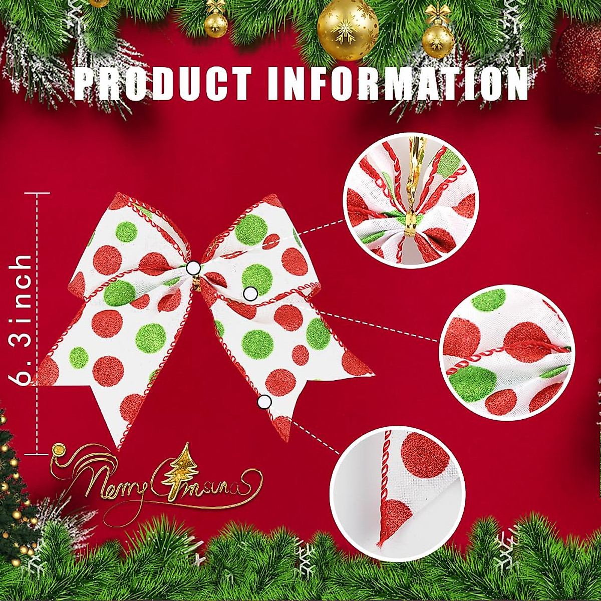 DIYDEC 12pcs Christmas Bows Decoration 6.3 Inch Large Christmas Wreath Bows Red Green Xmas Tree Bows Christmas Glitter Dot Bows Ribbons Ornaments for Garland Wedding Home Holiday Party