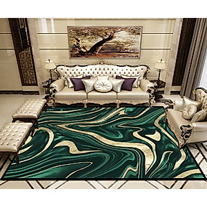 Green and Gold Marble Swirl Modern Abstract Emerald Green Area Rug for Living Room Bedroom Ultra Soft Carpet Under Dining Table Non-Slip Floor Mat Aesthetic Home Office Carpets