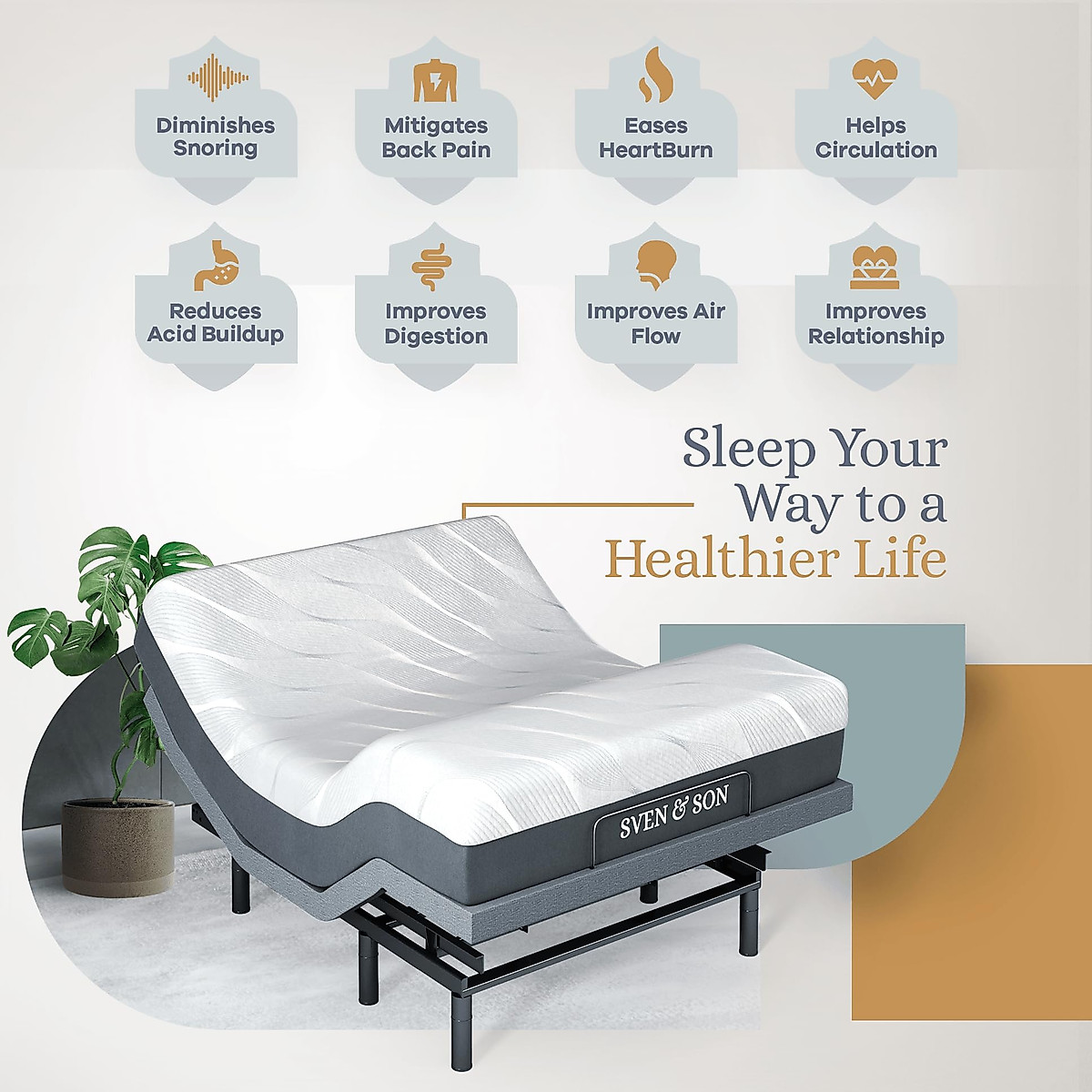 Sven & Son Bliss Adjustable Bed Base (Frame) + 14 inch Hybrid Spring Matt (Medium Soft), Head and Foot Lift, Lumbar, Pillow-Tilt, Massage, Under-Bed Lights, USB, Memory, Zero Gravity - Queen