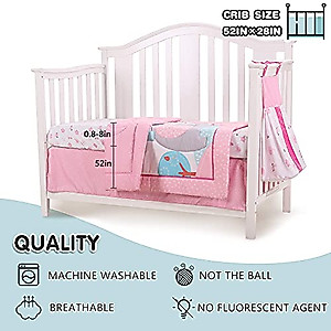 Honkaii Elephant Crib Bedding Set 4Pcs for Girls with Comforter Fitted Sheet Crib Skirt Diaper Stacker, Machine Washable, Suitable for 28 x 52 Inch Cribs, Lovely Nursery Crib Sets for Baby(Pink)