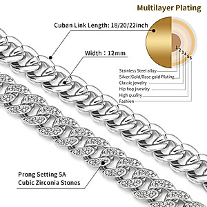 MOFEIJEWEL Miami Cuban Link Chain Necklace Bling CZ Diamonds Chain Iced Out Hip Hop Jewelry Gifts for Men Women Gold Silver (18 inch, Silver)