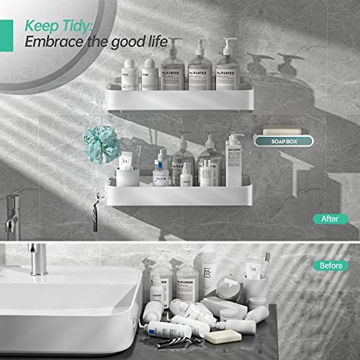 KOKSRY Wall Mounted Shower Caddy, Shower Shelf for inside Shower, No Drilling Shower Caddy with Soap Holder for Bathroom Organizer