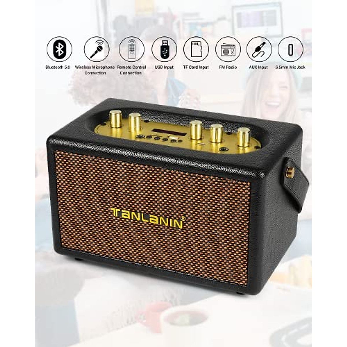 TANLANIN Vintage Bluetooth Speakers Rechargeable Portable Wireless Retro Style Leather Speakers 8H Long Playtime Bluetooth 5.0 Heavy Bass Music Player, TWS/USB/TF Slot/Remote Control/UHF Wireless Mic