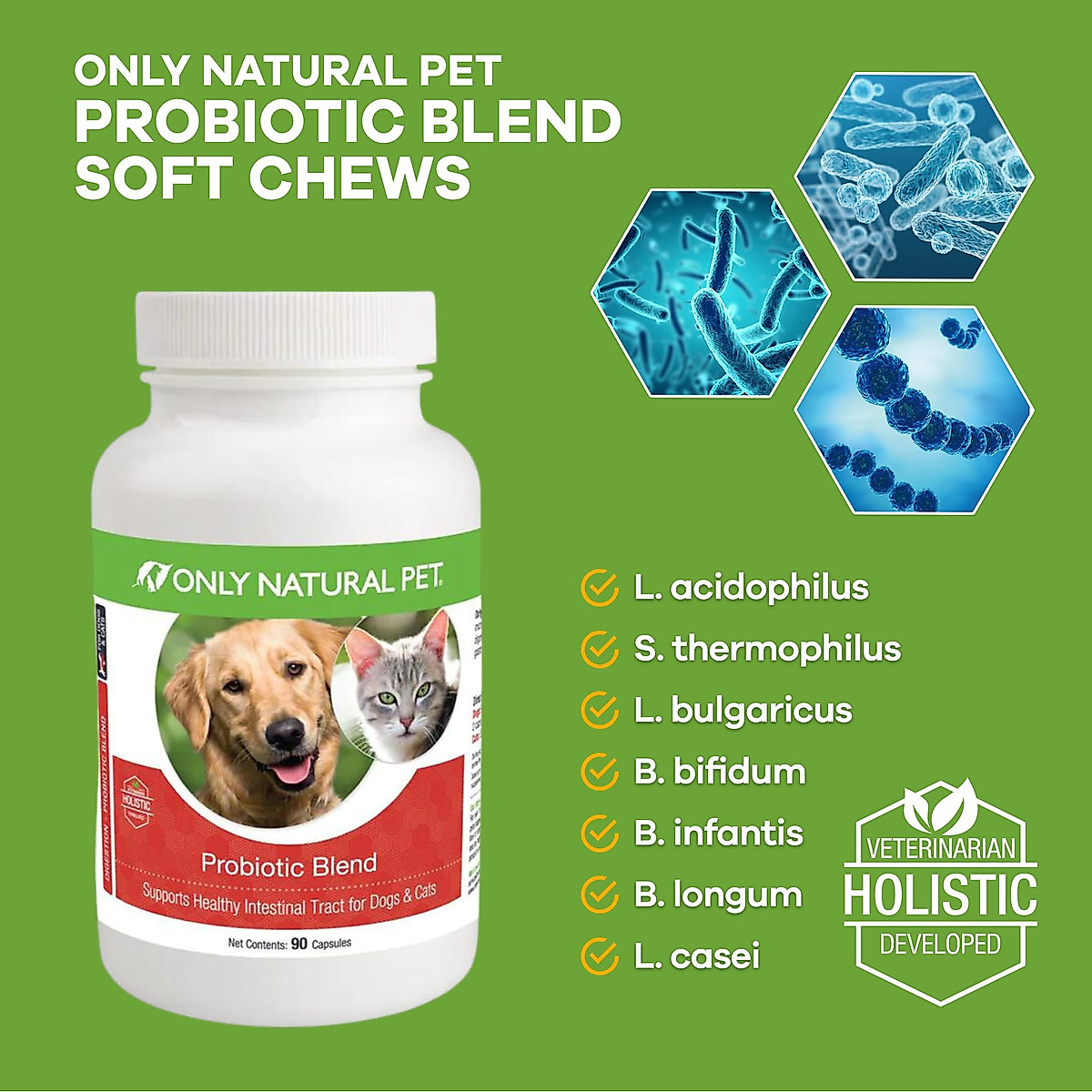 Only Natural Pet Probiotic Dog and Cat Supplement - Digestive & Intestinal Tract Health Enzyme Formula, Puppy & Canine Digestive Support, Best for Stomach Relief & Gas Aid - 90 Capsules.