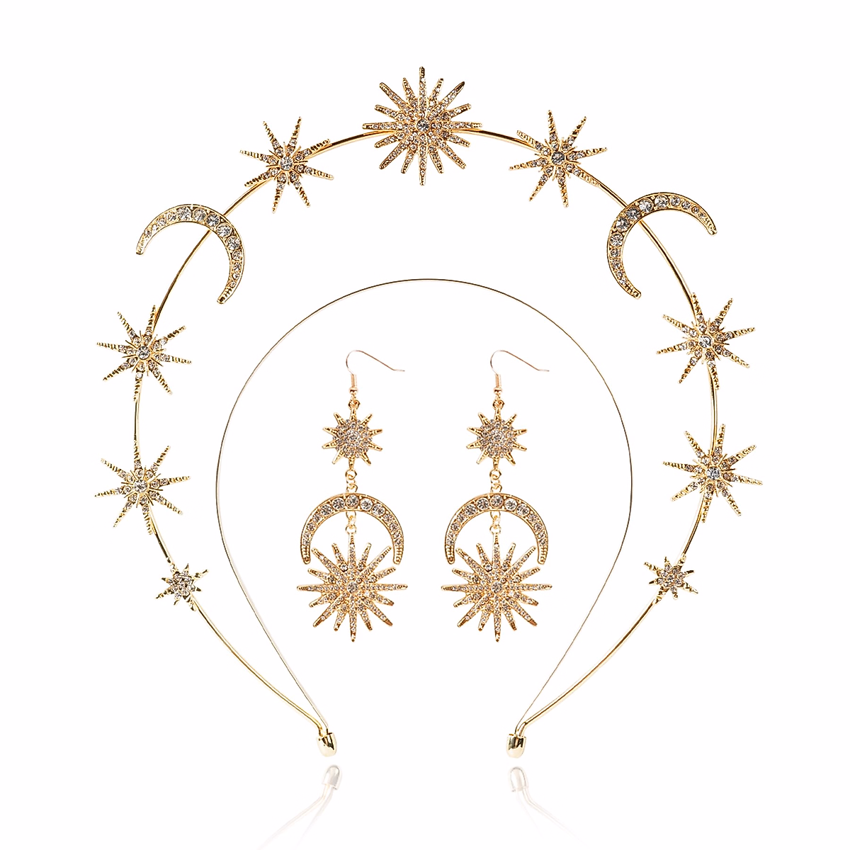 puwuto Halo Crown - Stars Crystal Goddess HeadBand with Earrings Mary Metal Halo Headpiece Celestial Crowns Tiaras for Women Bridal Wedding Costume Cosplay Party Goddess Accessories - Gold, Metal,