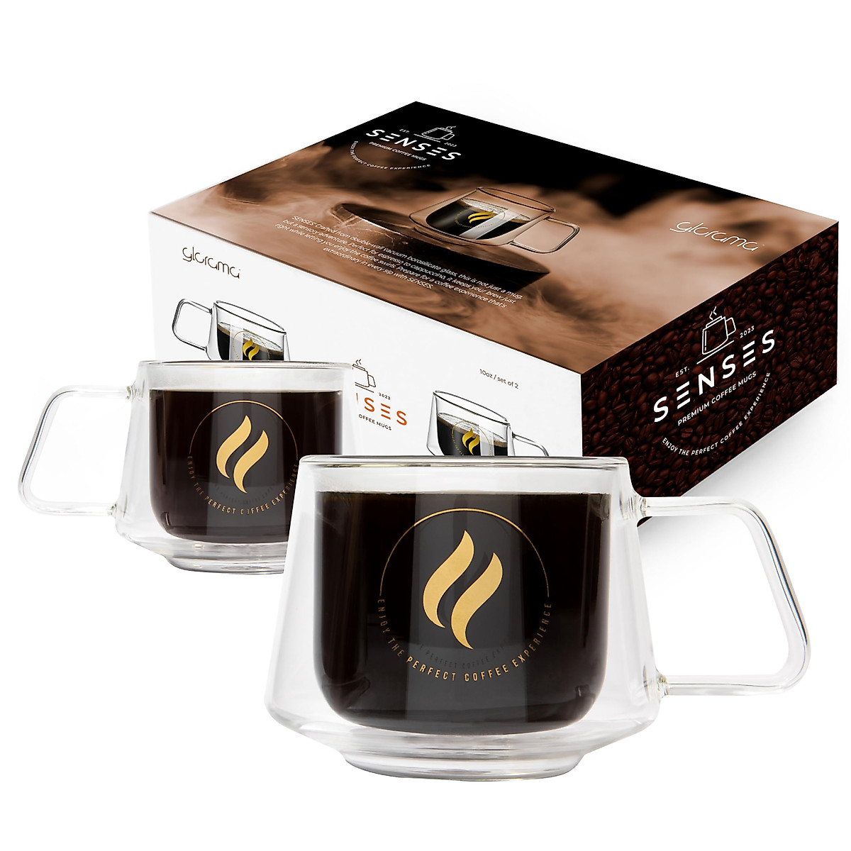 GLORAMA Double Walled Glass Coffee Mugs - 10oz Coffee Mugs for Tea, Espresso, & Cappuccino - Freezer & Microwave Safe Coffee Mugs Set of 2