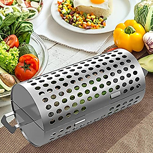 KEESHA BBQ Roller Grill Basket Vegetables & Fish Grill Basket - BBQ Grill Cooking Accessories for Outdoor Grill for Smokers / Pellet Grills / Charcoal Grills / Gas Grills - Perfect Grilling Gifts for Men, Stainless Steel