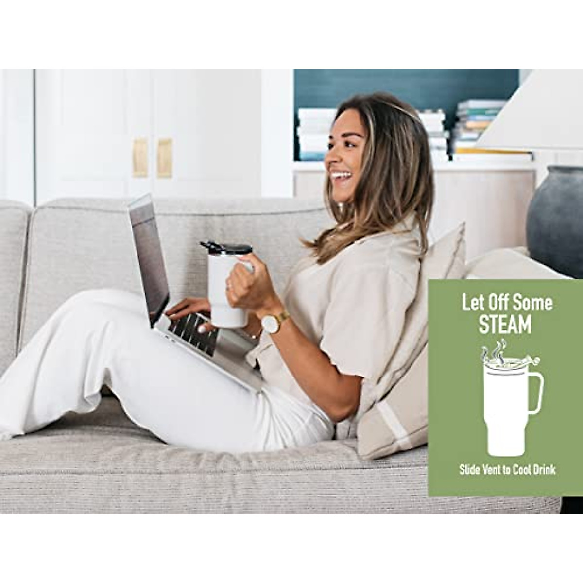 REDUCE Travel Coffee Mug, 24 oz - Insulated Mug for Tea, Coffee and Other Hot Drinks - With Flo-Motion Lid and Handle - Single-Serve and Cupholder Friendly - Linen