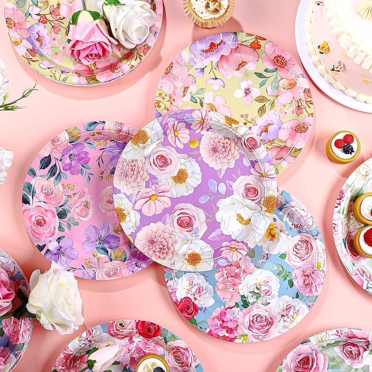 60 Pcs Floral Paper Plates Disposable Dessert Plates 9 Inch Tea Party Plates Party Paper Plates Floral Birthday Decorations for Wedding, Anniversary, Bridal Shower, Birthday, Baby Shower, Graduation