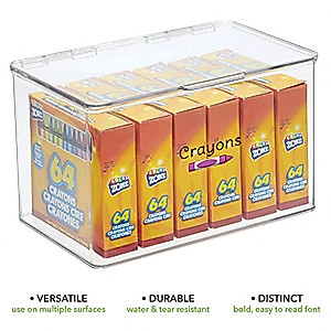 mDesign Small Plastic Stackable Lidded Craft Storage Box - Stacking Container Bin Tubs with Labels for Hobby, Crafts, and Organizing Art Supplies - 2 Bins + 32 Printed Labels - Clear