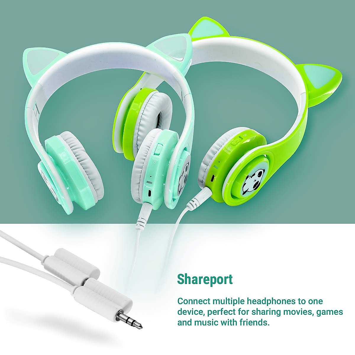 Woice Kids Bluetooth Headphones, Cat Ear LED Light Wireless Foldable Headphones Over Ear with Mic, Music Sharing Function and 0-85dB /110dB Limited for iPhone/iPad/Smartphones/Laptop/PC(Mint)