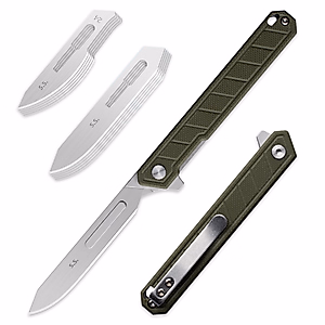 OLITANS G046 Mecha Mini Slim Folding Scalpel with 5pcs #24 and 5pcs #60 G14 Handle with Liner Lock, Utility EDC Pocket Knife with Back Clip（Green）