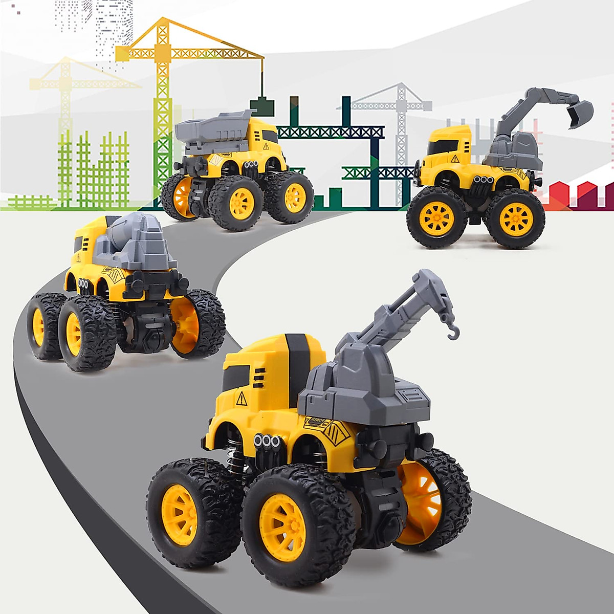 UOWGA Construction Toys for 3 Year Old Boys, 4 Pack Push and Go Car Truck Playset for Boys Girls Toddler Aged 3 4 5 6 Year Old Gifts for Kids Birthday