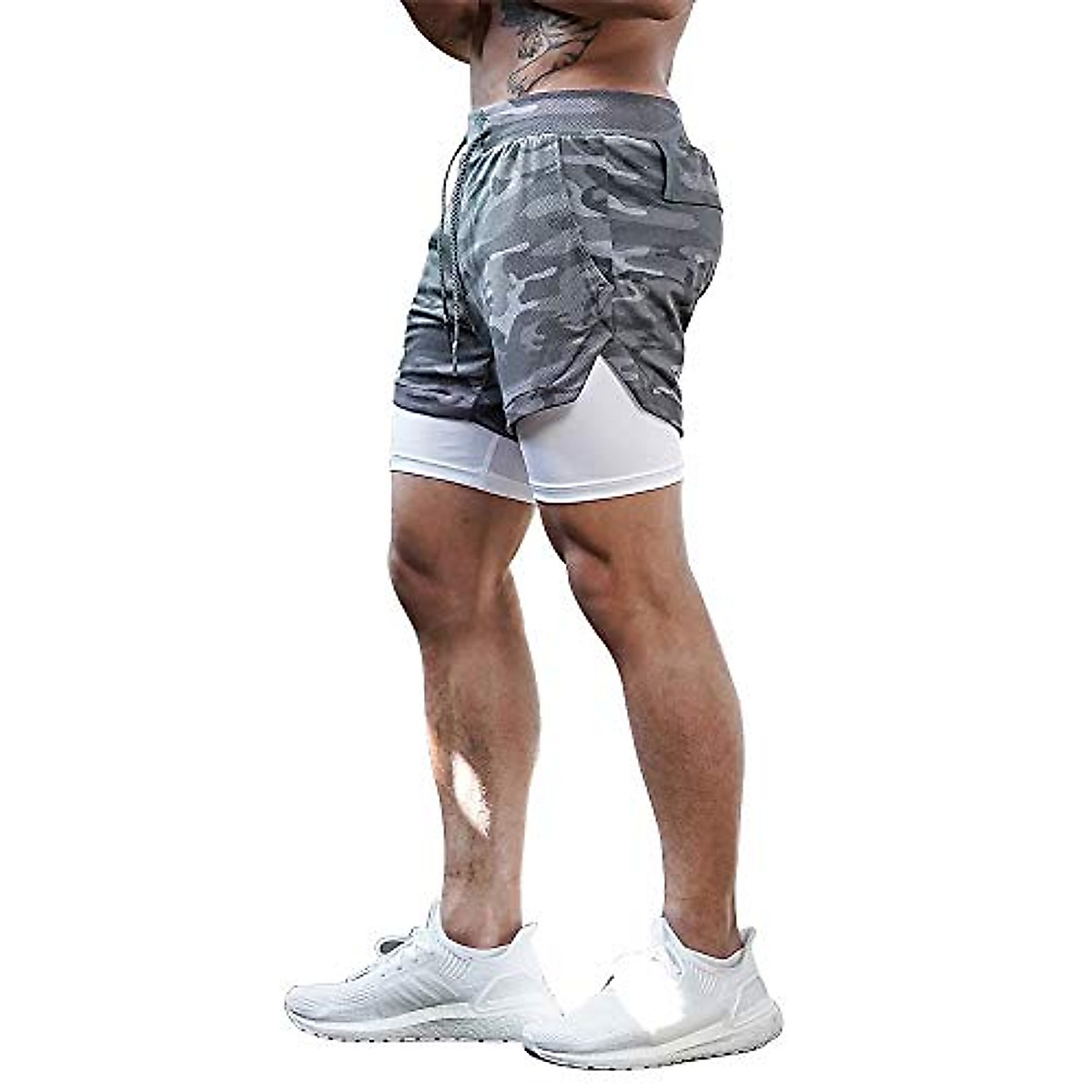 Surenow Mens Running Shorts，Workout Running Shorts for Men，2-in-1 Stealth Shorts， 7-Inch Gym Yoga Outdoor Sports Shorts Camouflage Grey