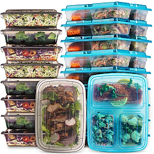 Food Storage Containers With Lids - (24 Pack-32 Oz) 12- 3 Compartment Meal Prep Containers Reusable Or Disposable & 12- Single Food Storage Bento Boxes, Bpa Free, Microwave, Freezer, Dishwasher Safe