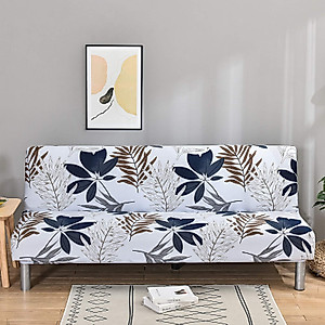 MIFXIN Armless Sofa Cover Futon Slipcover Stretch Elastic Polyester Folding Sofa Bed Non-Armrest Couch Furniture Protector Spandex Printed Washable Sofa Cover Without Armrests (Grey Blue Leaf)