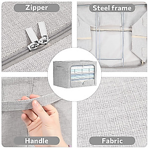 3 Pack Clothes Storage Bins - Foldable Metal Frame Storage Box - Stackable Linen Fabric Organizer Set with Carrying Handles and Clear Window (Light Gray, 15.7x11.8x7.8inch(22L))