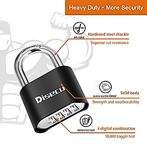 Disecu 2 Pack 4 Digit Heavy Duty Combination Lock Outdoor Waterproof Padlock for School Gym Locker, Sports Locker, Fence, Toolbox, Gate, Case, Hasp Storage (Black)