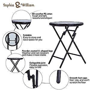 Sophia & William Patio Folding Side Table Round Outdoor End Table Set of 2 Small Portable Bistro Coffee Table with Tempered Glass Top w/Rattan Edge and Metal Frame for Outdoor and Indoor