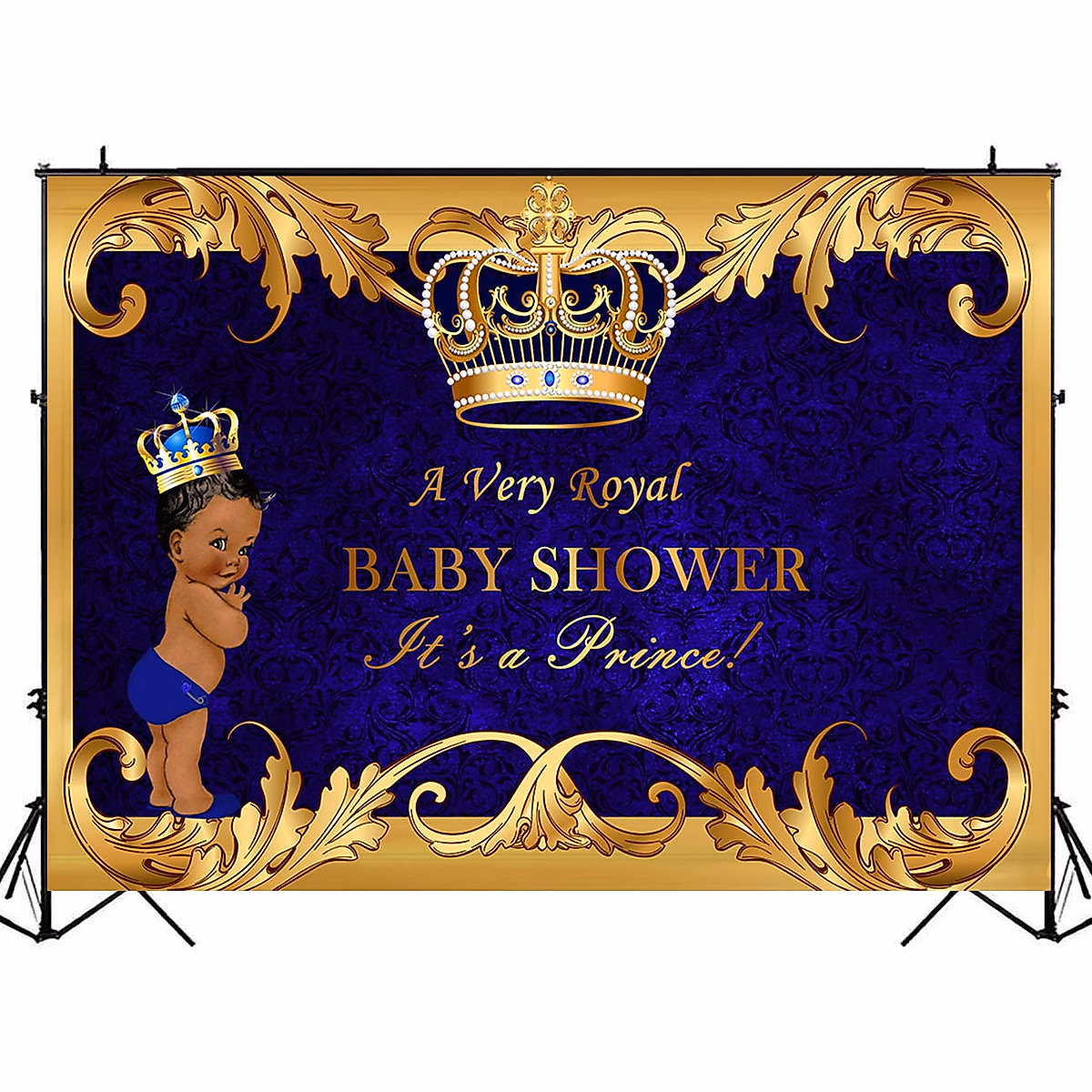 Mocsicka Royal Prince Baby Shower Backdrop Black Boy Gold Crown Photography Background 7x5ft Little Prince Royal Blue Backdrops for Baby Shower Party