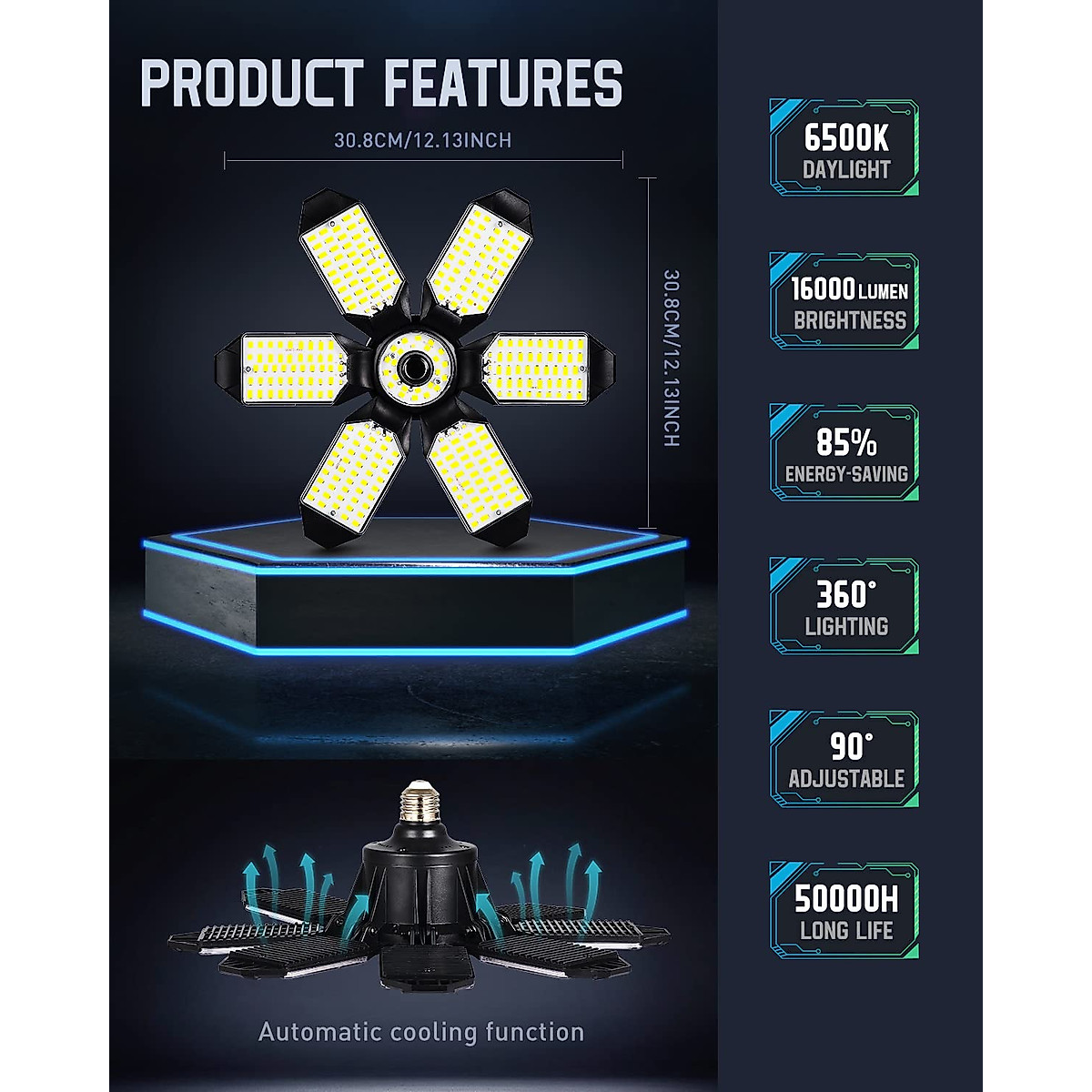 LIGHTNUM 6-Pack LED Garage Light, 16000Lm Deformable LED Garage Ceiling Light with 6 Adjustable Panels 6500k Led Shop Light Screw in E26/E27 Bulb Socket Compatible for Workshop Storage Room Basement