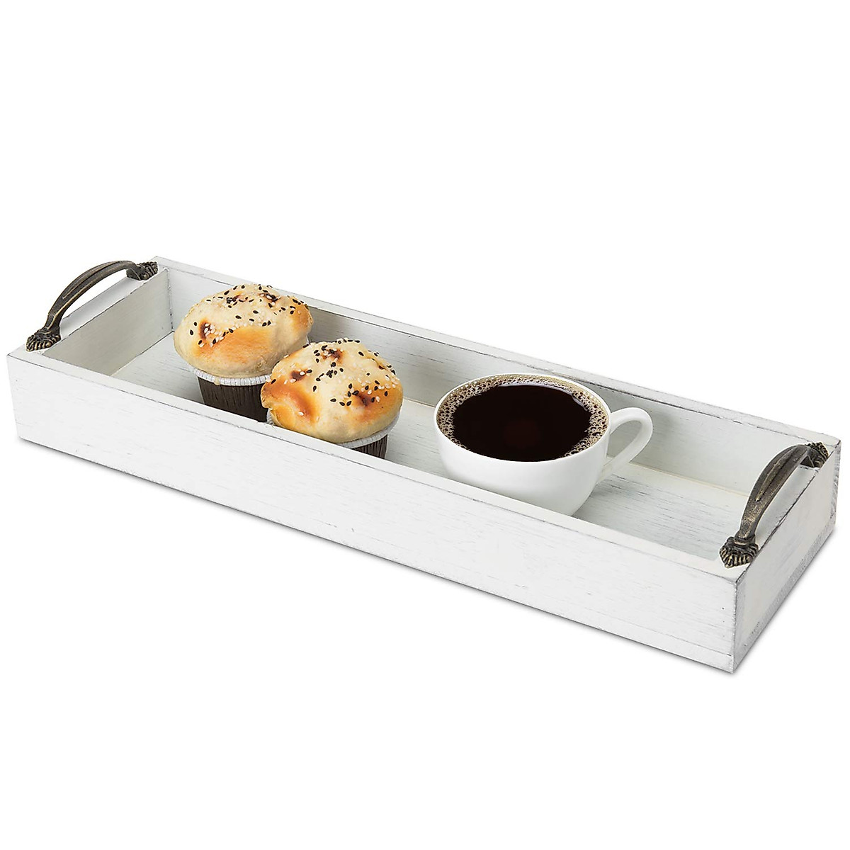 MyGift 16-inch Vintage White Wood Serving Tray with Decorative Antique Metal Handles | Farmhouse Decor Rectangular Butler Tray | Coffee Table/Dining Table Centerpiece Candle Holder Tray