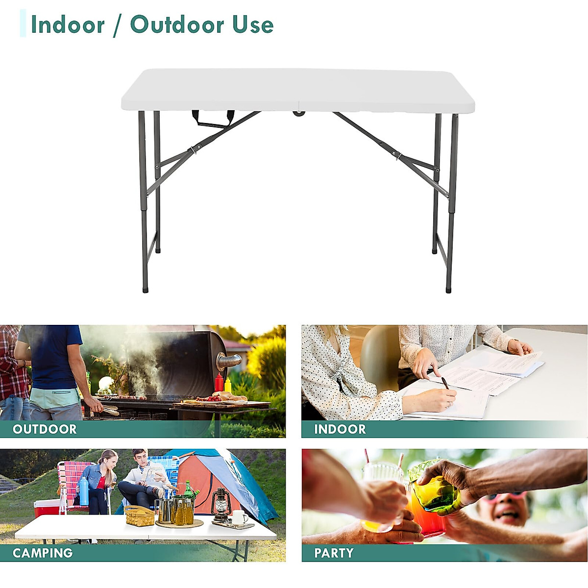 AJP Distributors 4 Foot Portable Plastic Folding Table 4FT 48" Half Foldable Heavy Duty Top w/Carry Handle - Indoor Outdoor Backyard Camping Picnic BBQ Party Wedding Dining Office Event Meeting White