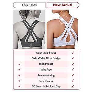 Yvette Sports Bra High Impact Adjustable Criss Cross Back, Full Support for Large Bust No Bounce, White,S