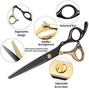 Black Gold Hair Cutting Scissors Professional Stainless Steel Barber Hair Thinning Shears Salon Multifunctional Straight Hair Cutting Shears Teeth Scissors Hair Cutting Scissors Kit for Home Use