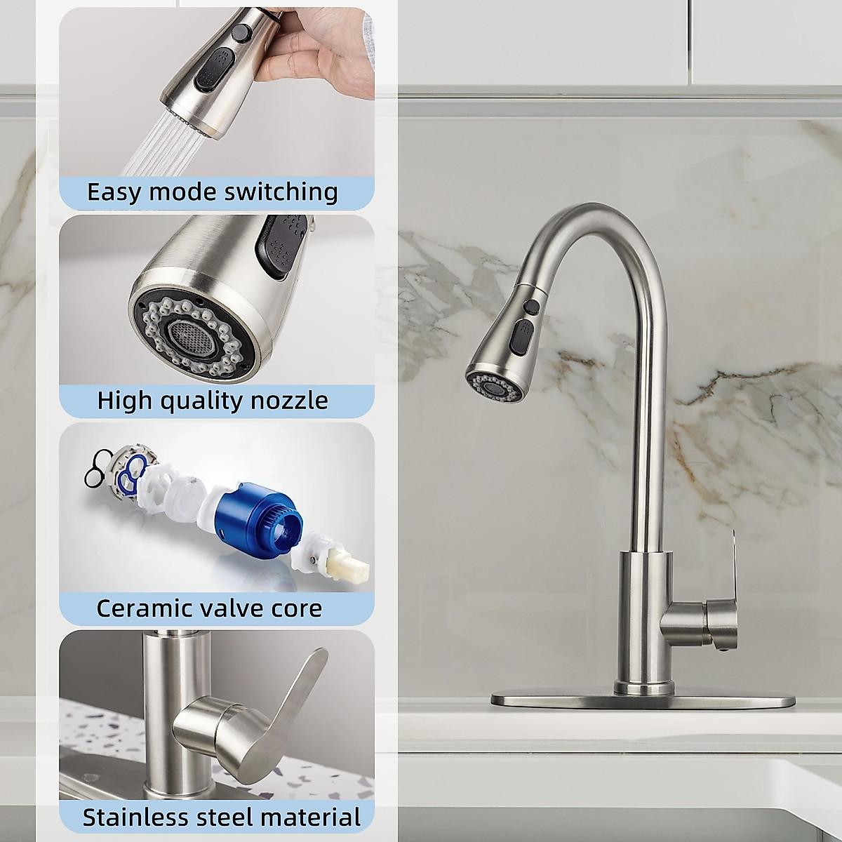CILAIXI Kitchen Sink Faucet with Pull Down Sprayer with Deck Plate Home Handle Stainless Steel 360 High Arc Swivel Efficient Cleaning Brushed Out Kitchens Tap Faucets (Brushed Nickel)